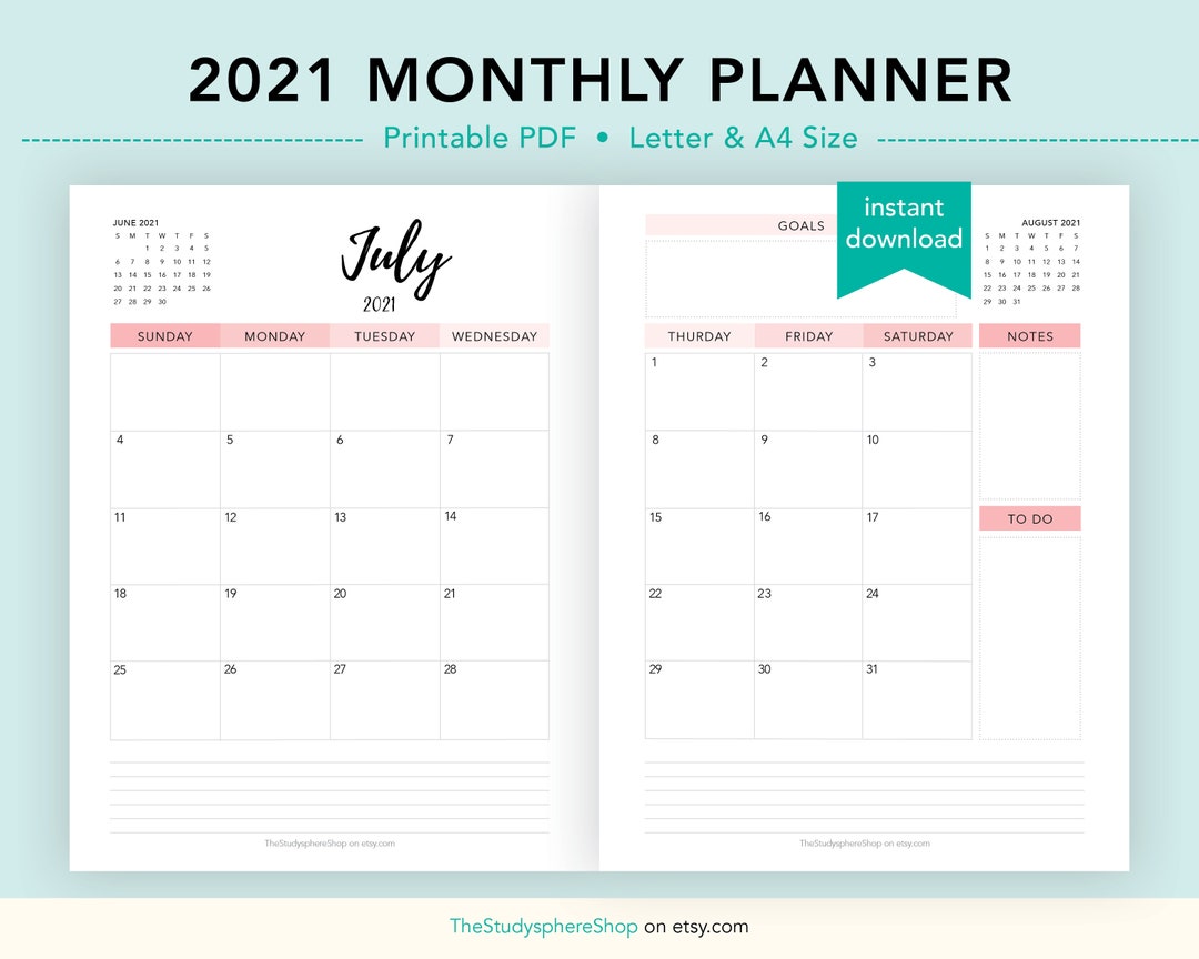 Monthly Planner, 2021 Calendar Monthly, Printable Monthly Spreads, 2021 ...