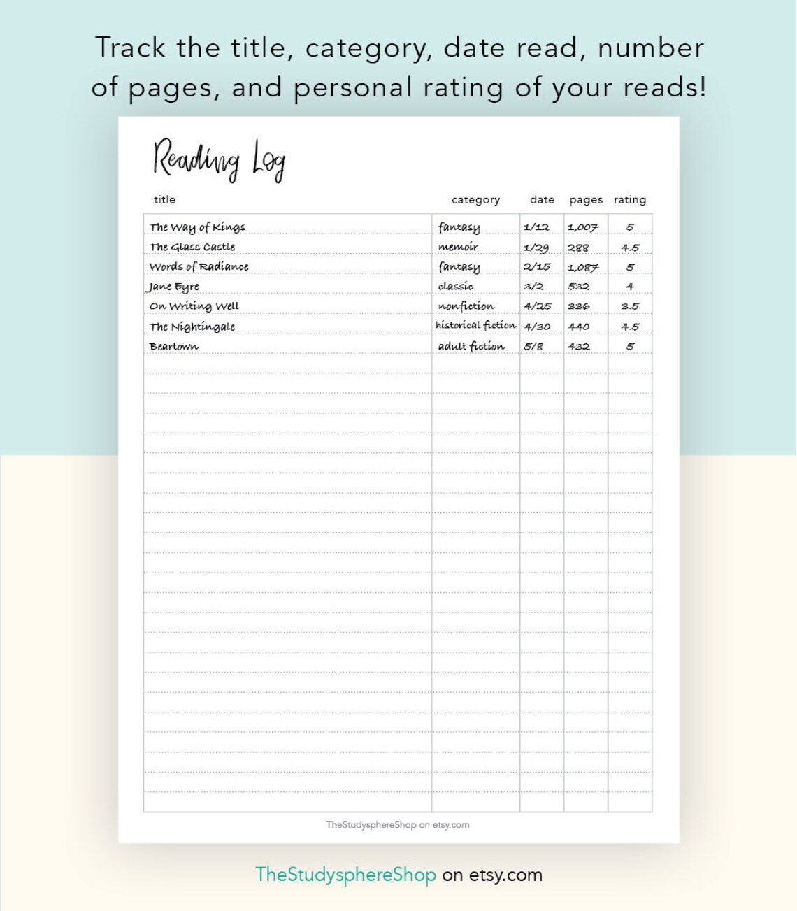 Reading Log Vertical Reading Tracker Book Log Reading List | Etsy