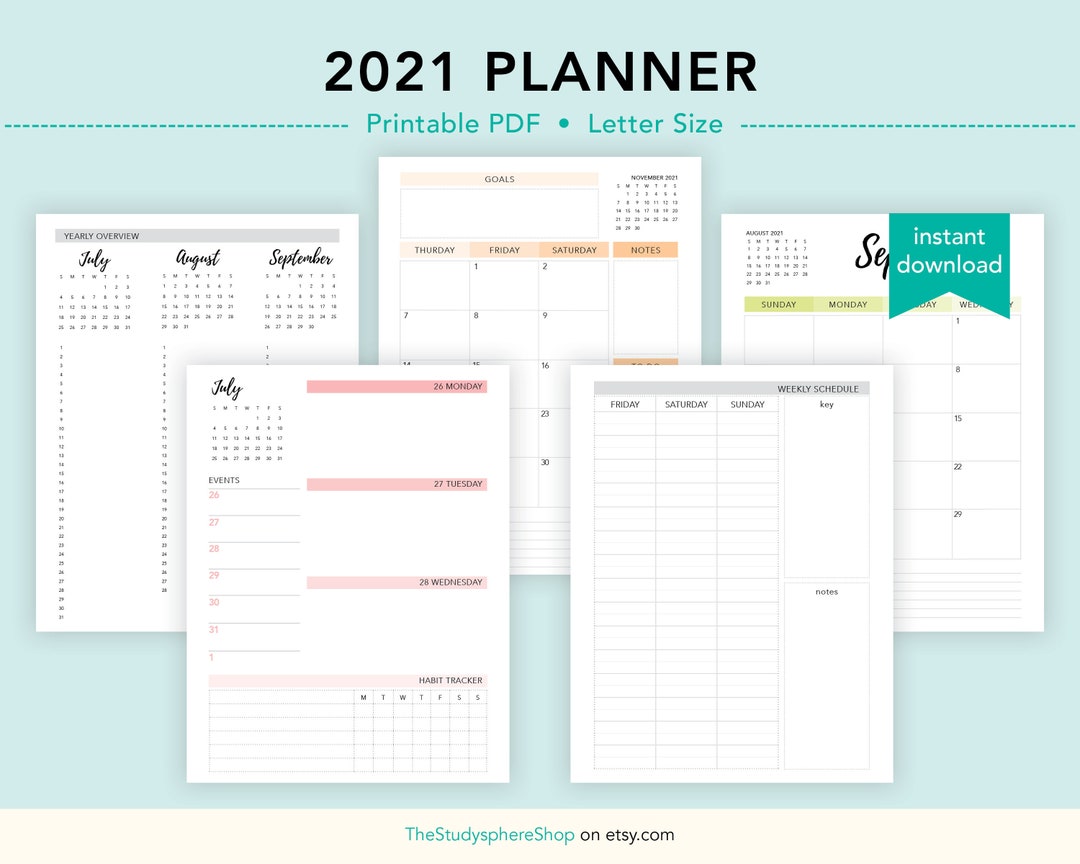 Planner 2021 Printable, Full Calendar, Monthly Spread, Weekly Planner ...