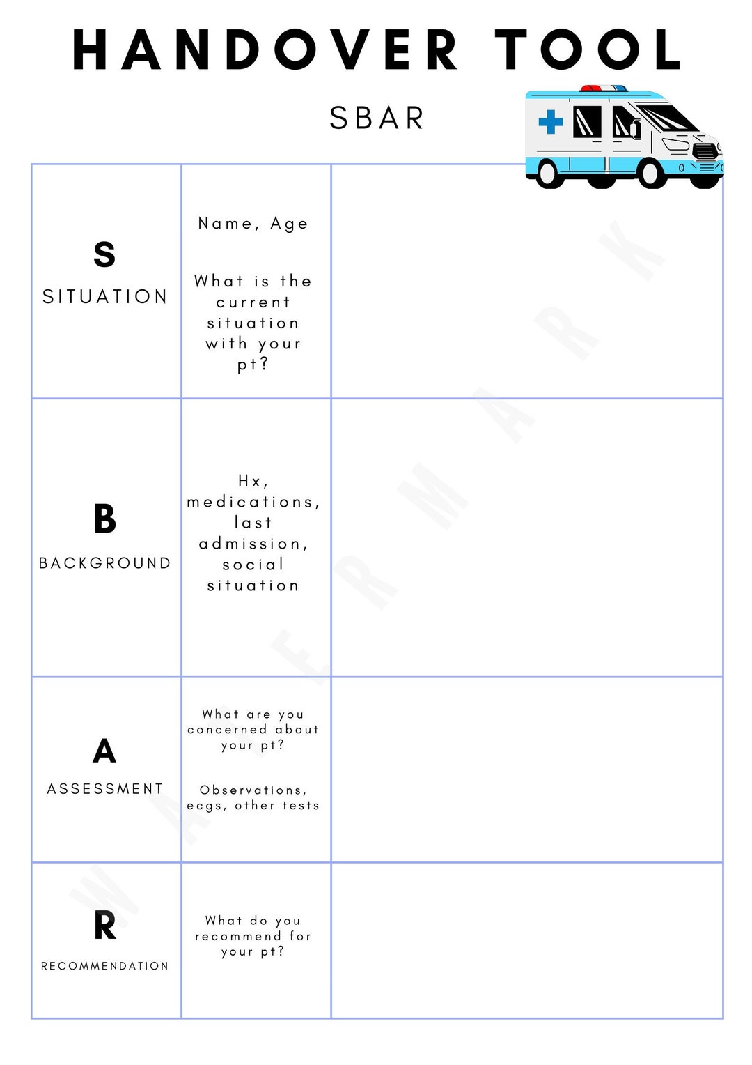 SBAR HANDOVER CHART | Student Paramedic Resource - Etsy UK