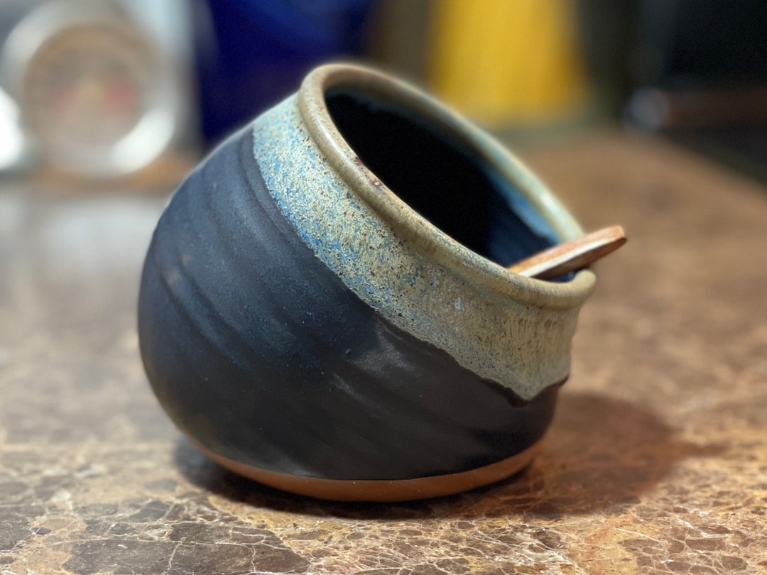 Pottery Salt Pig, Salt Cellar in Black and Blue All Over Satin Matte ...