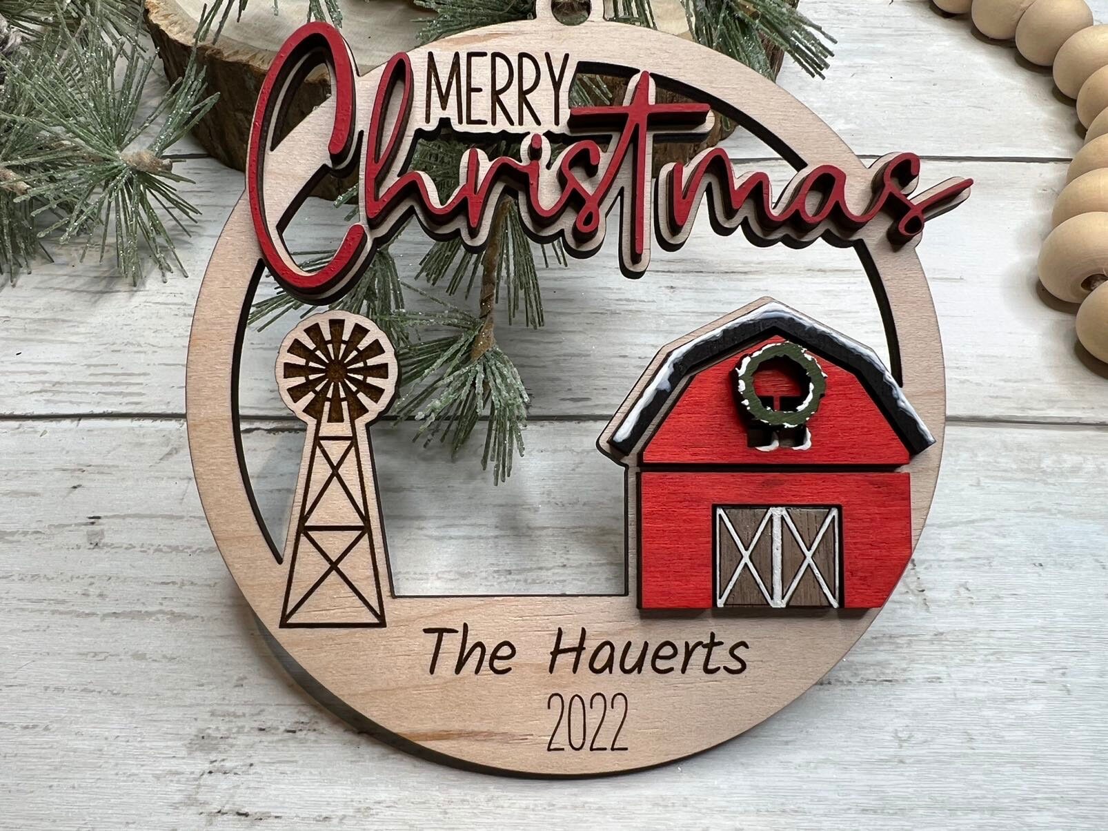 Barn & Windmill Christmas Tree Ornament, Farm Family, Merry Christmas ...