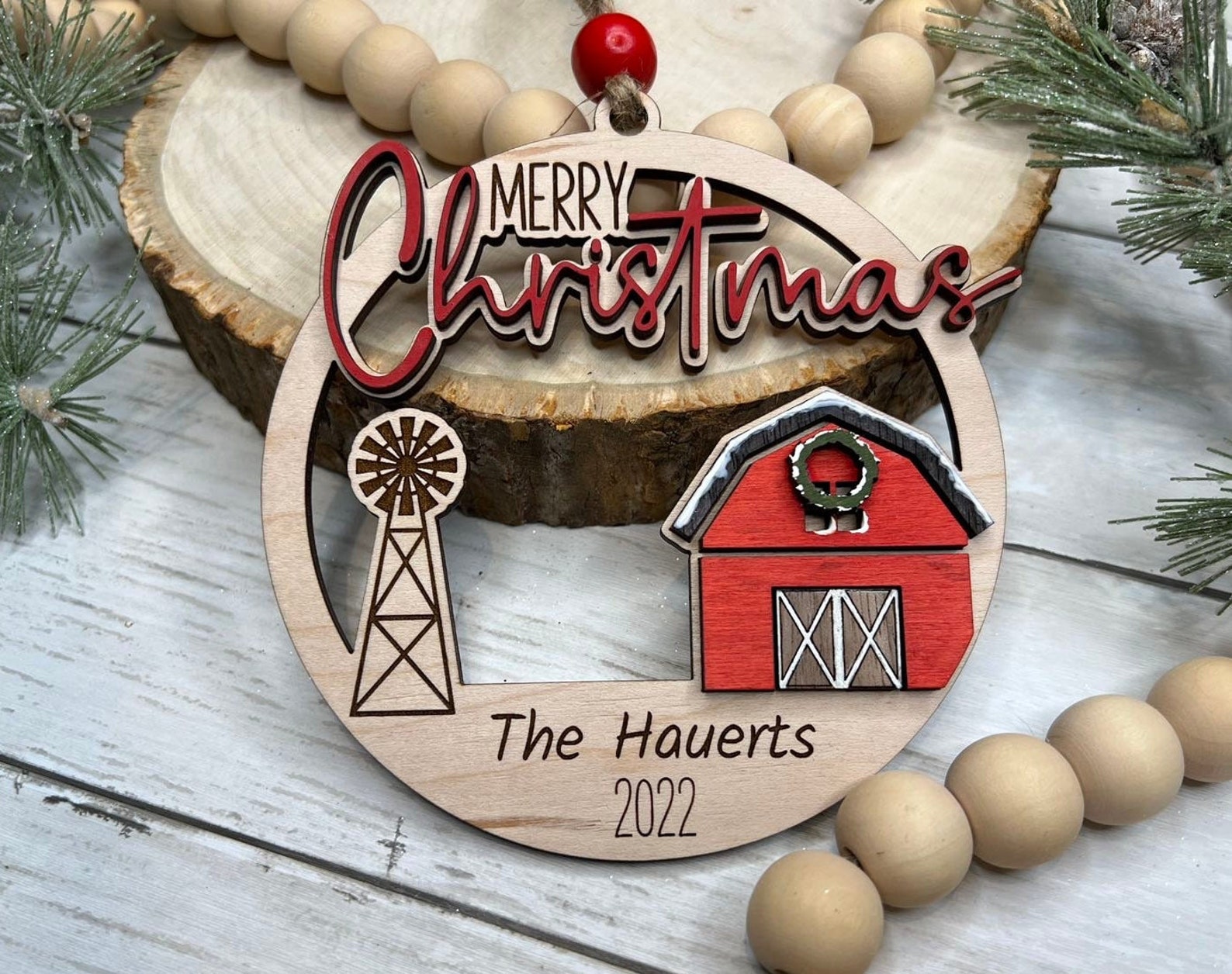 Barn & Windmill Christmas Tree Ornament, Farm Family, Merry Christmas ...