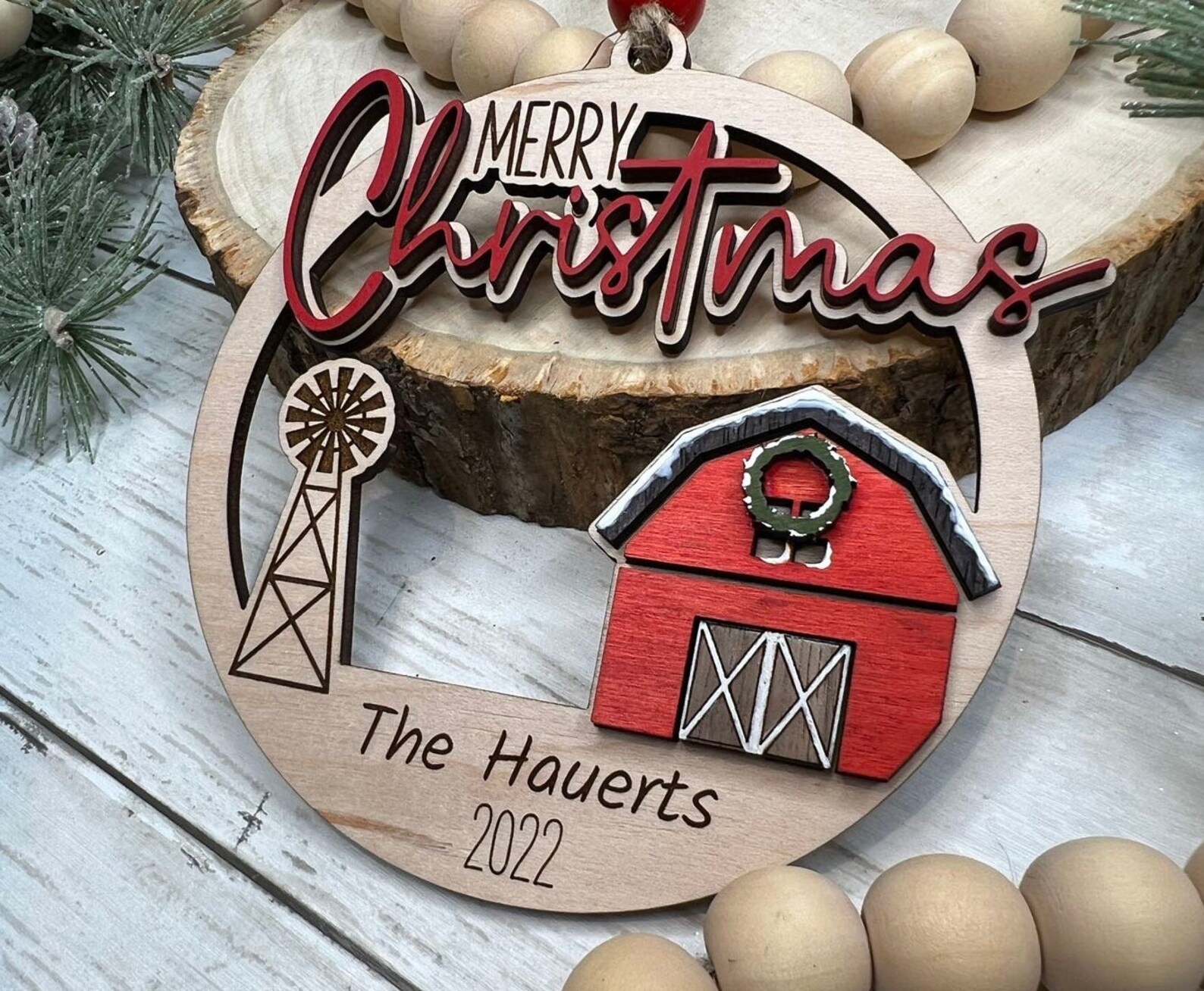 Barn & Windmill Christmas Tree Ornament, Farm Family, Merry Christmas ...