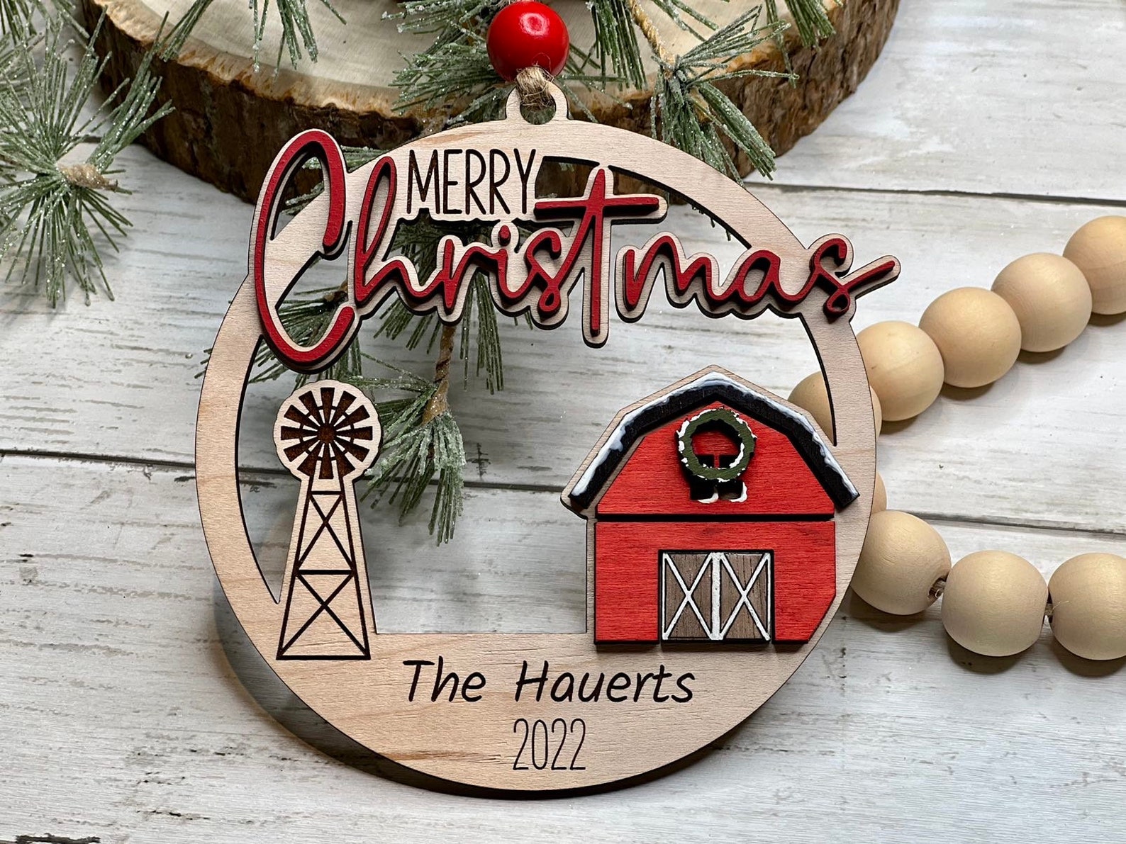 Barn & Windmill Christmas Tree Ornament, Farm Family, Merry Christmas ...