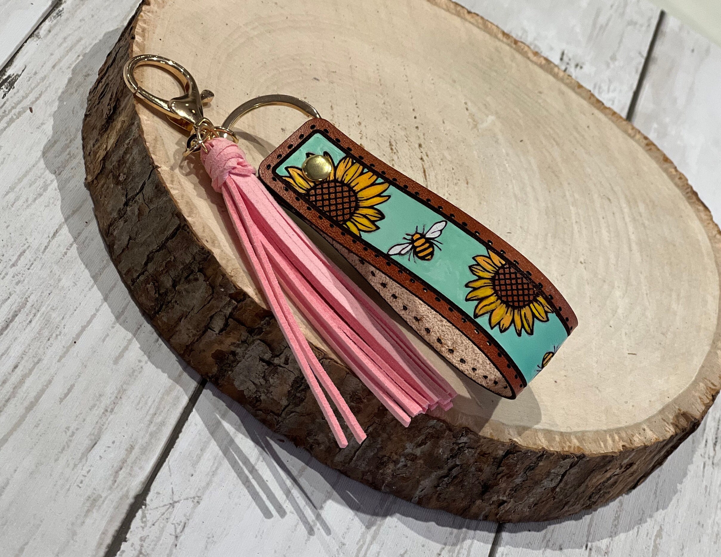 Leather Key Fob SVG sunflowers and Bees Keychain Fob Boho - Etsy