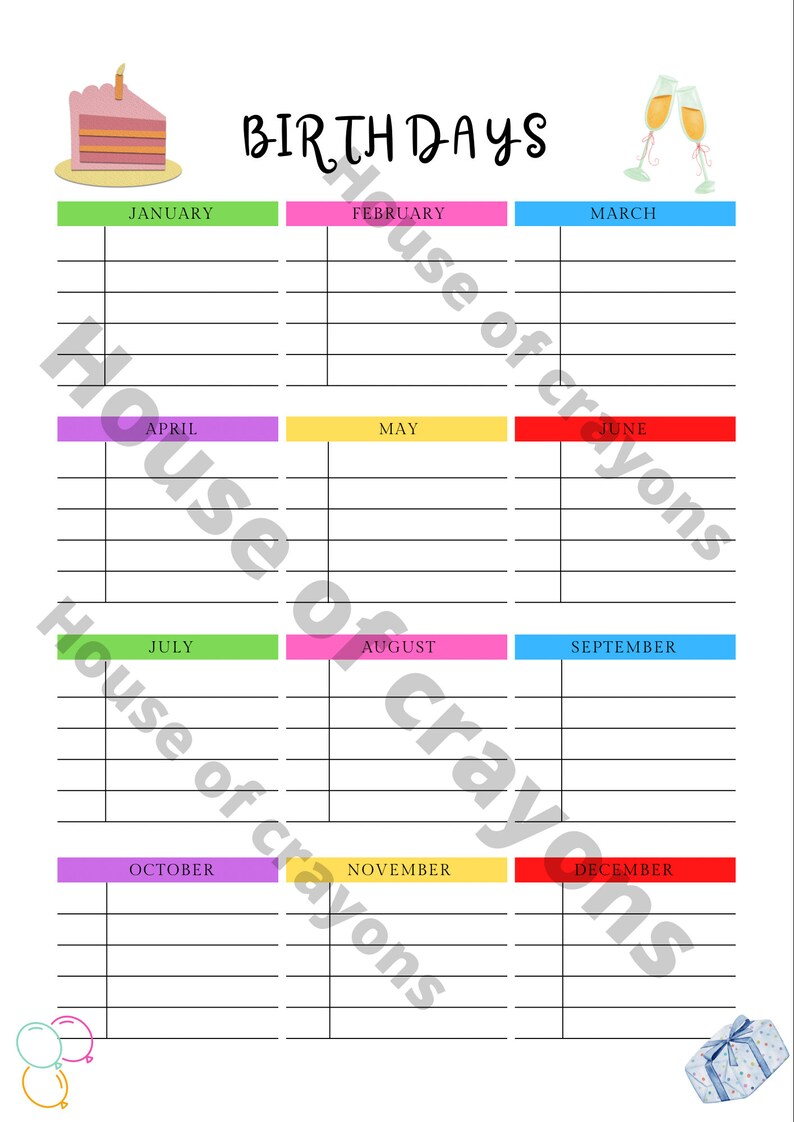 Yearly Birthday Tracker, Birthday Planner, Birthday Calendar, Birthday ...