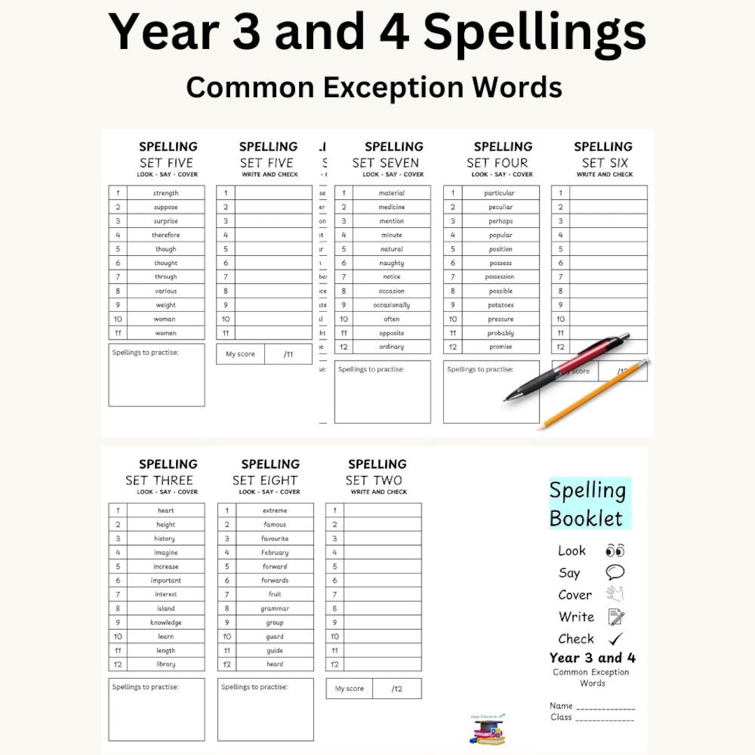 Year 3 and 4 Common Exception Spelling Booklet - Etsy