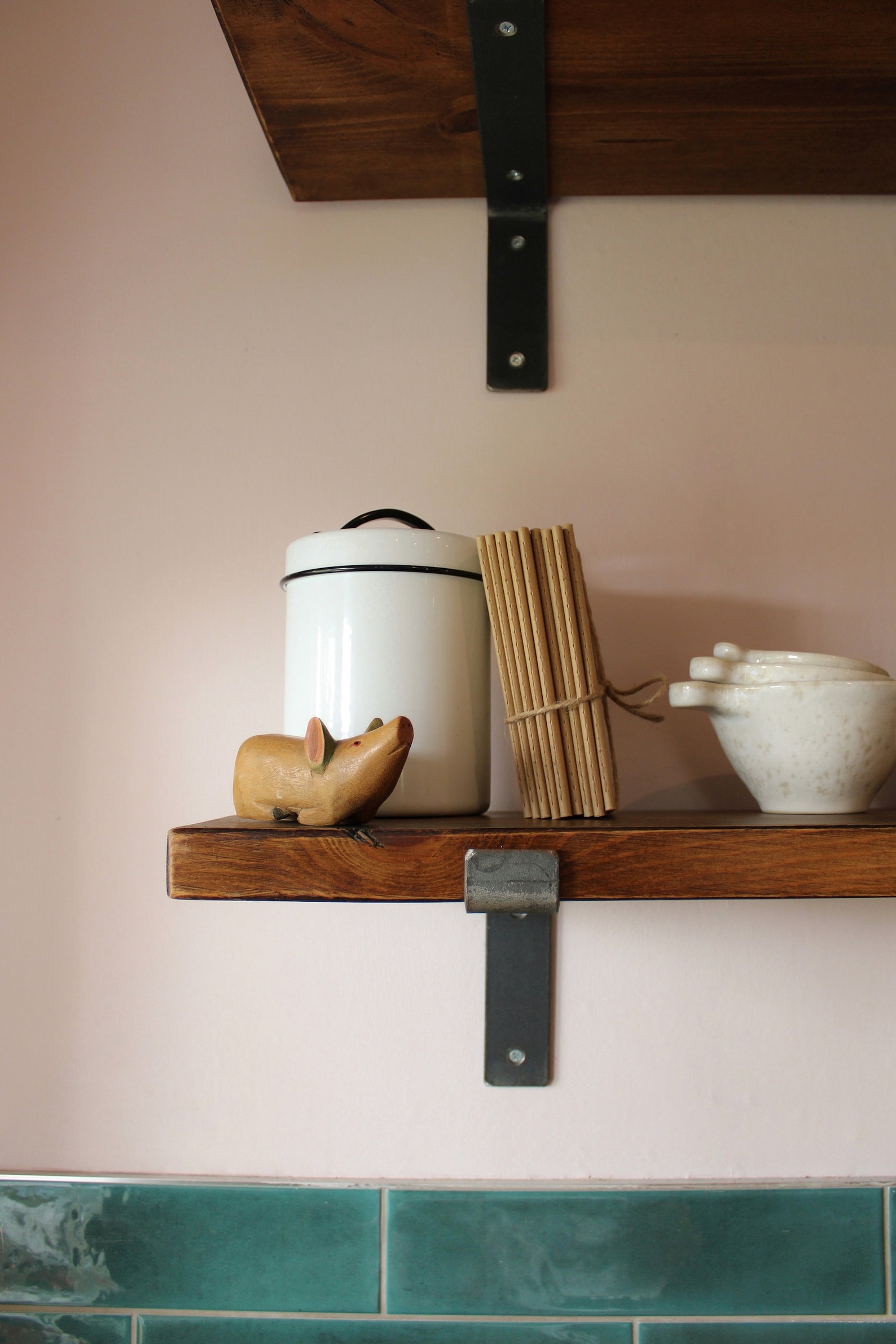 Rustic Style Solid Wood Shelf With Raw Steel Brackets Handcrafted 22cm ...