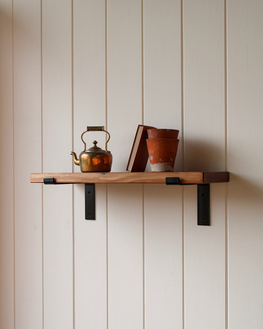 Rustic Style Solid Wood Shelf With Black Brackets | Handcrafted | 22cm ...
