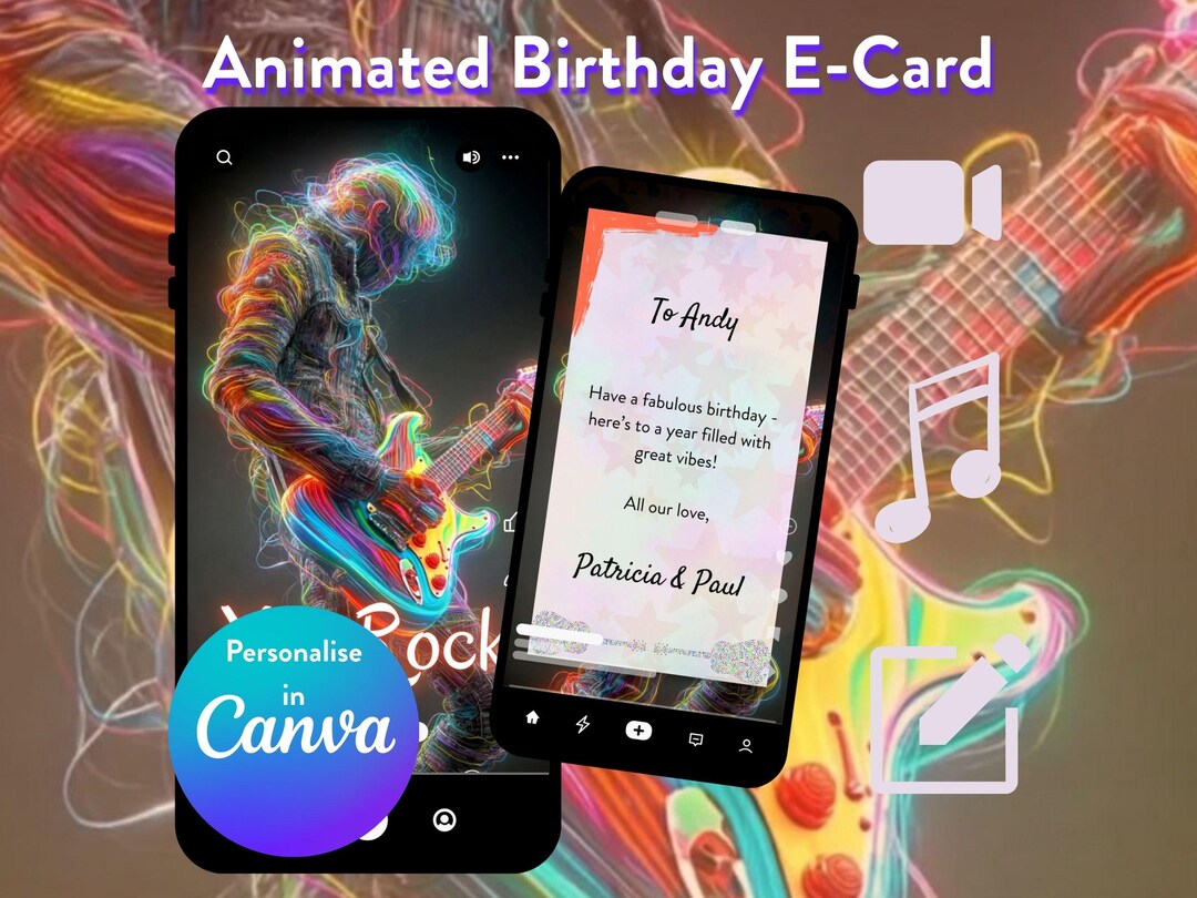 Personalized Rock Music Birthday Ecard: Animated Guitar, Instant ...