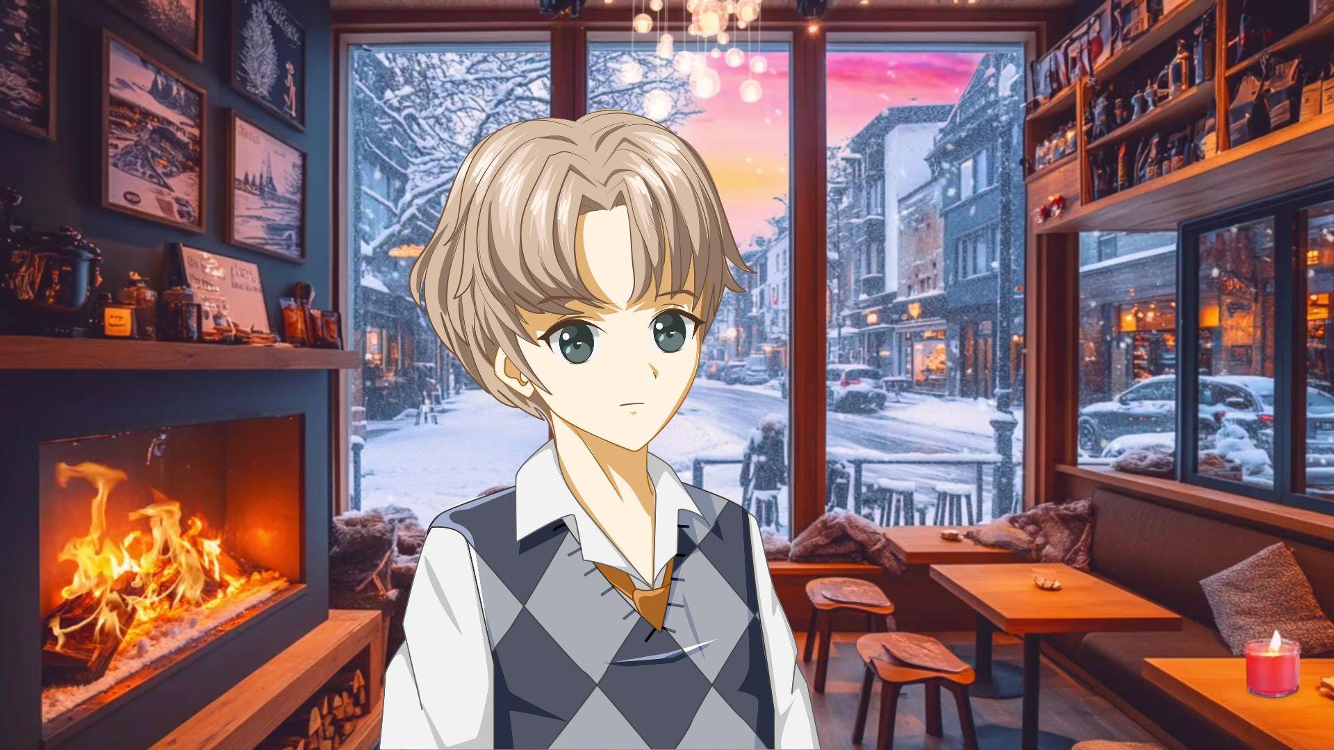 Animated Zoom Background, Snowy Cosy Cafe, Online Meeting, Teams, Skype ...