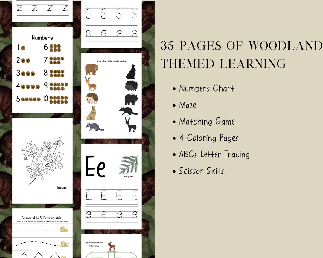 Woodland Learning Bundle: ABC Tracing, Numbers, Maze (PDF Printable ...