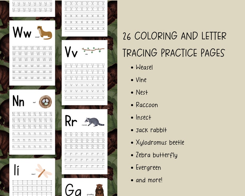 Woodland ABC Letter Tracing Worksheets: Handwriting Practice (PDF) - Etsy