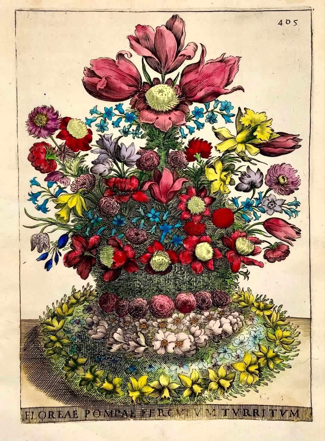 1638 G. B. Ferrari b1584, Floral Bouquet, Quarto Engraving Hand Colour ...