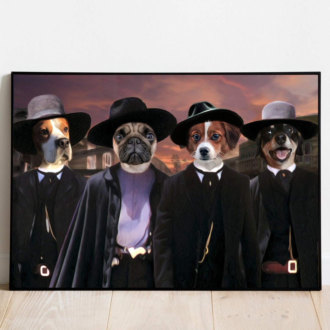 Custom Cowboy Dog Portrait, Western Pet Portrait, Four Pets Portrait ...