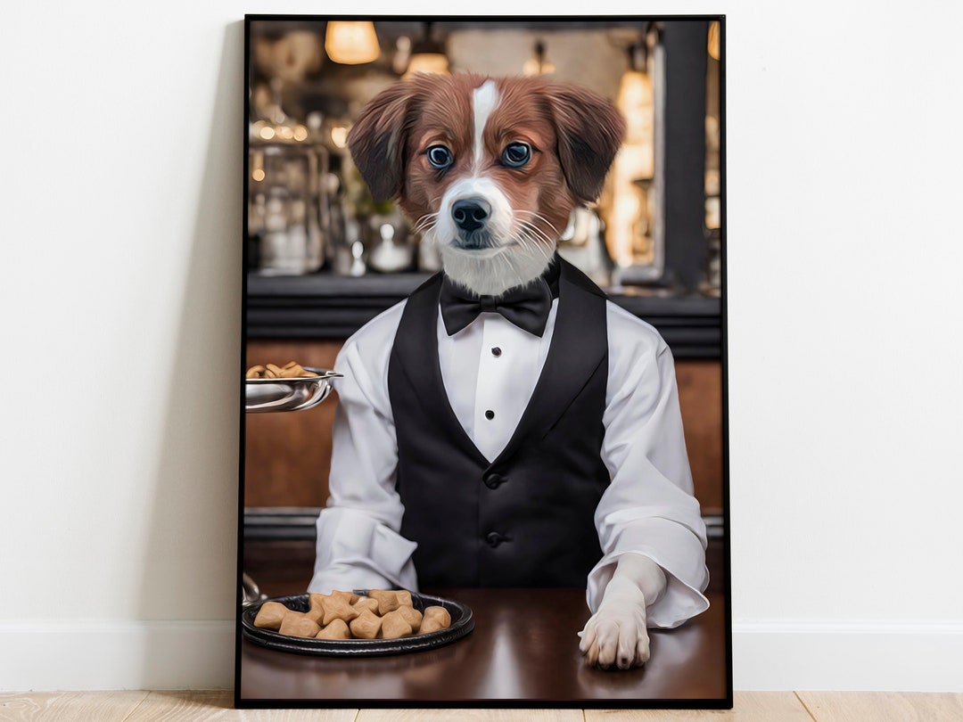 Pet Waiter Portrait, Custom Waitress Dog Portrait, Personalised Waiter ...