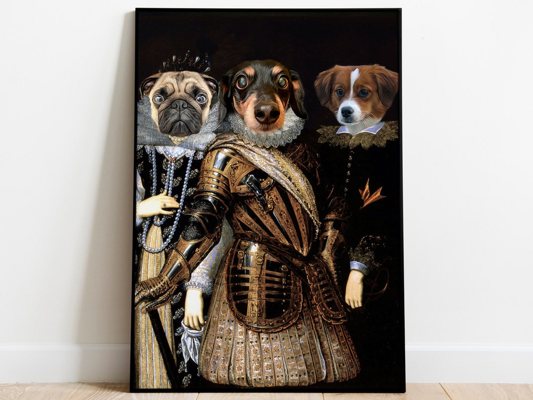 Three Pets Custom Portrait, Three Dogs Portrait, 3 Cats Portrait, Royal ...