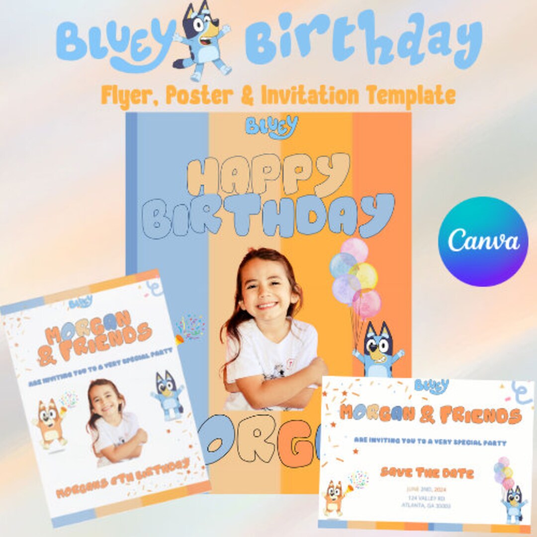 Bluey Geburtstag Poster, Flyer & Einladung Vorlage In Canva bearbeiten ...