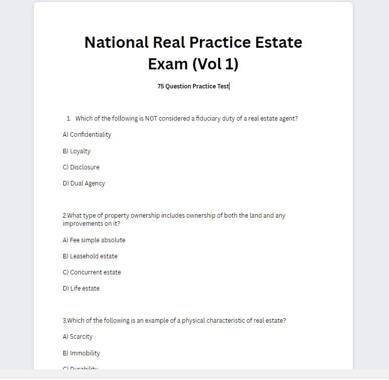 75 Question National Real Estate Exam Practice Test Answer Key vol. 1 ...