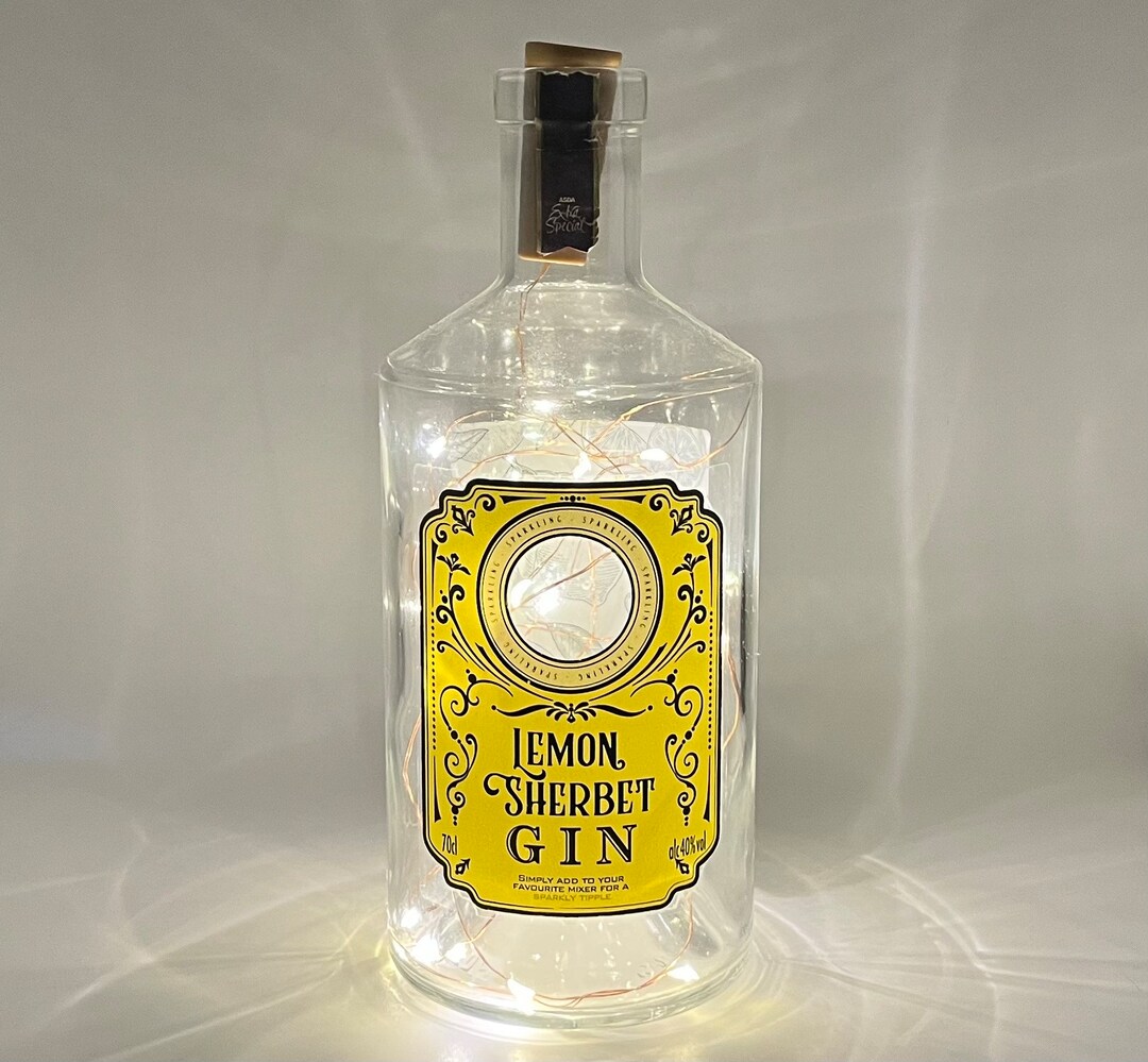 Lemon Sherbet Gin Bottle Lamp | Warm / Bright LED Lights | Light up Gin ...