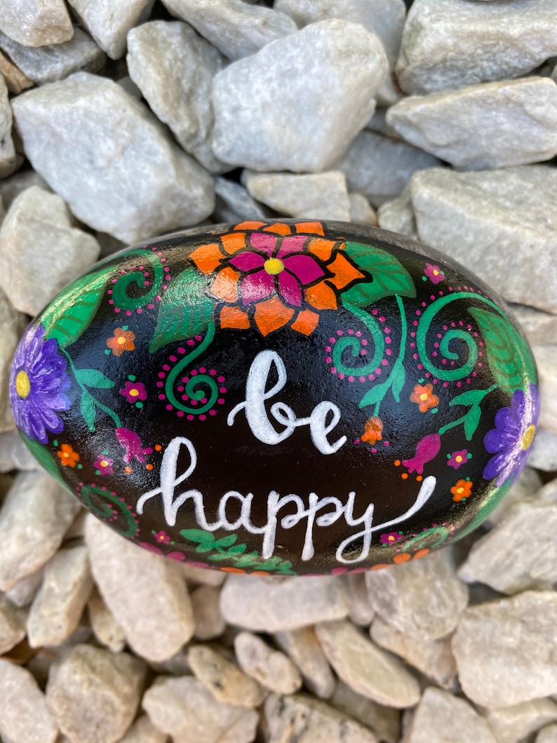 Be Happy Floral Rock | Etsy