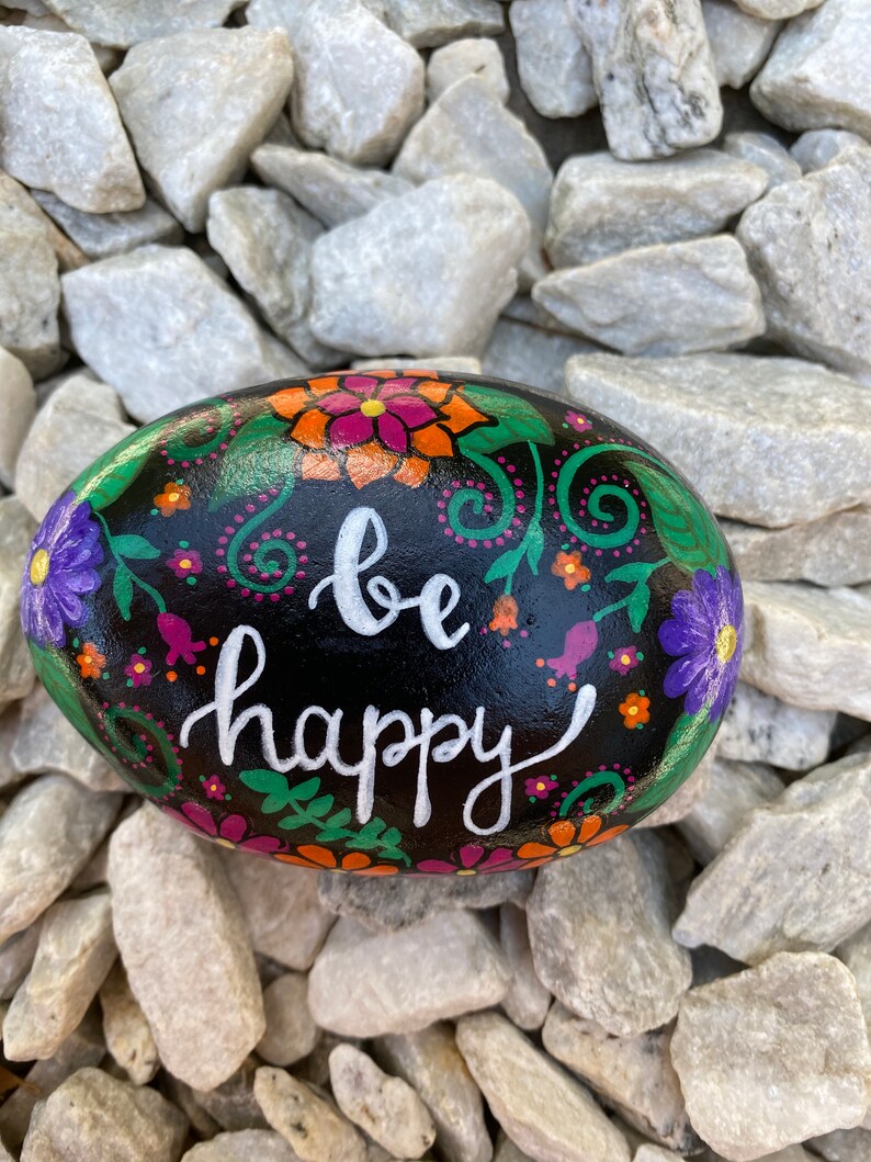 Be Happy Floral Rock | Etsy