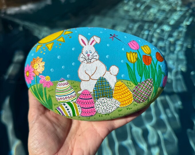 Dot Art Easter Bunny, Happy Easter, Spring Decor, Painted Rock, Stone ...