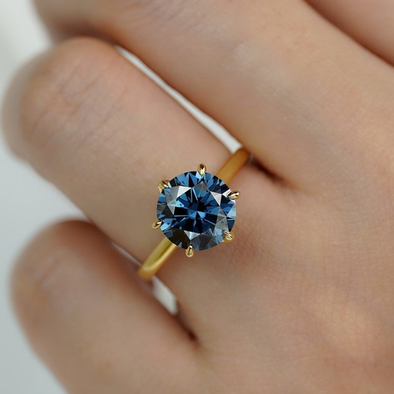 Blue Moissanite Ring. Dainty Dark Blue Solitaire Moissanite - Etsy