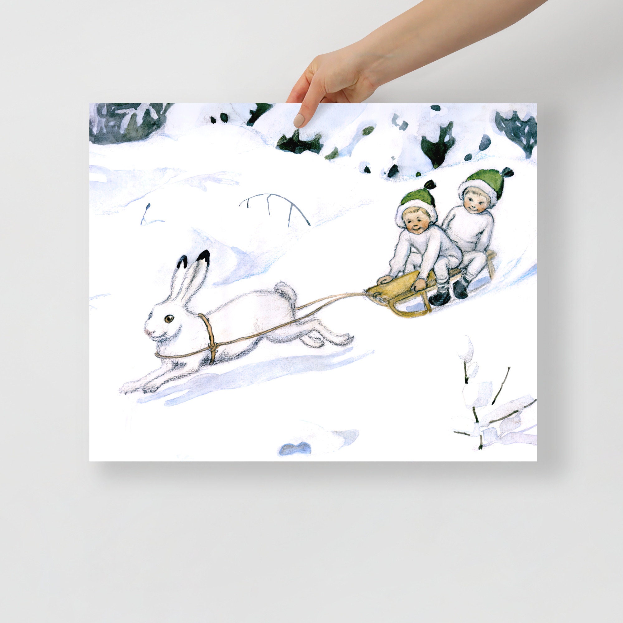 Bunny Sled Poster by Elsa Beskow, Kids Sledding in the Snow by a Rabbit ...