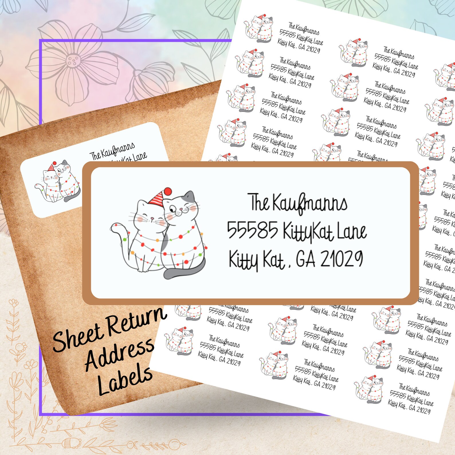 Christmas Cats Personalized Holiday Self-adhesive Address Sheet Labels ...