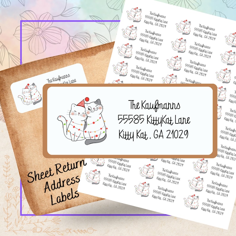 Christmas Cats Personalized Holiday Self-adhesive Address Sheet Labels ...