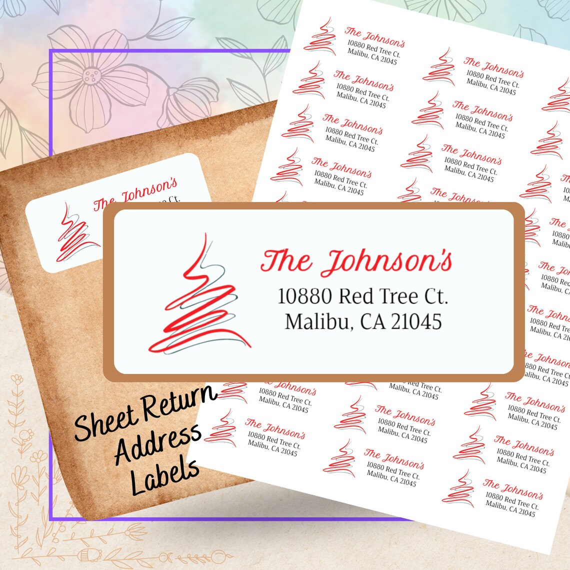 Red Christmas Tree Return Address Labels: Personalized Holiday Sheet ...