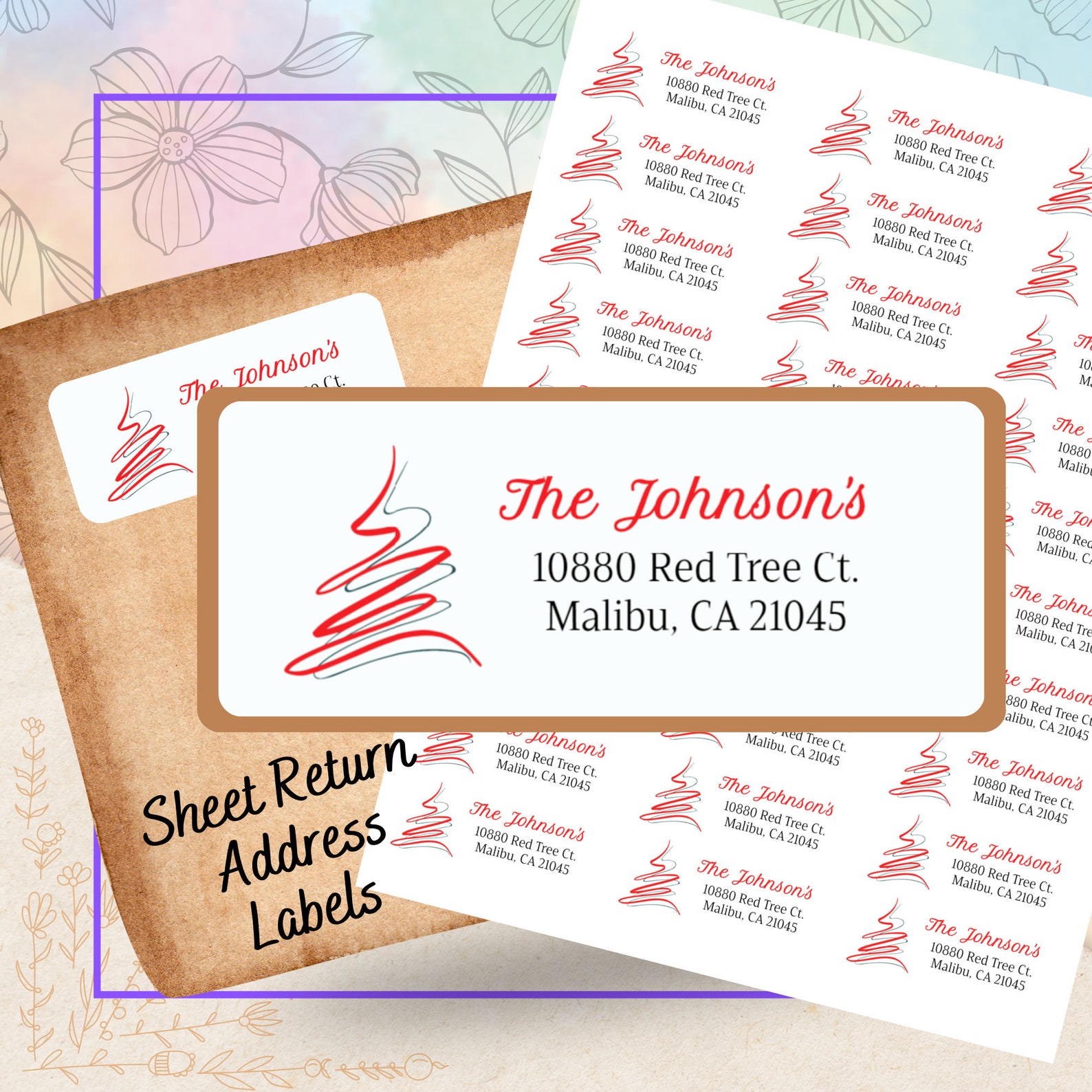 Red Christmas Tree Return Address Labels: Personalized Holiday Sheet ...