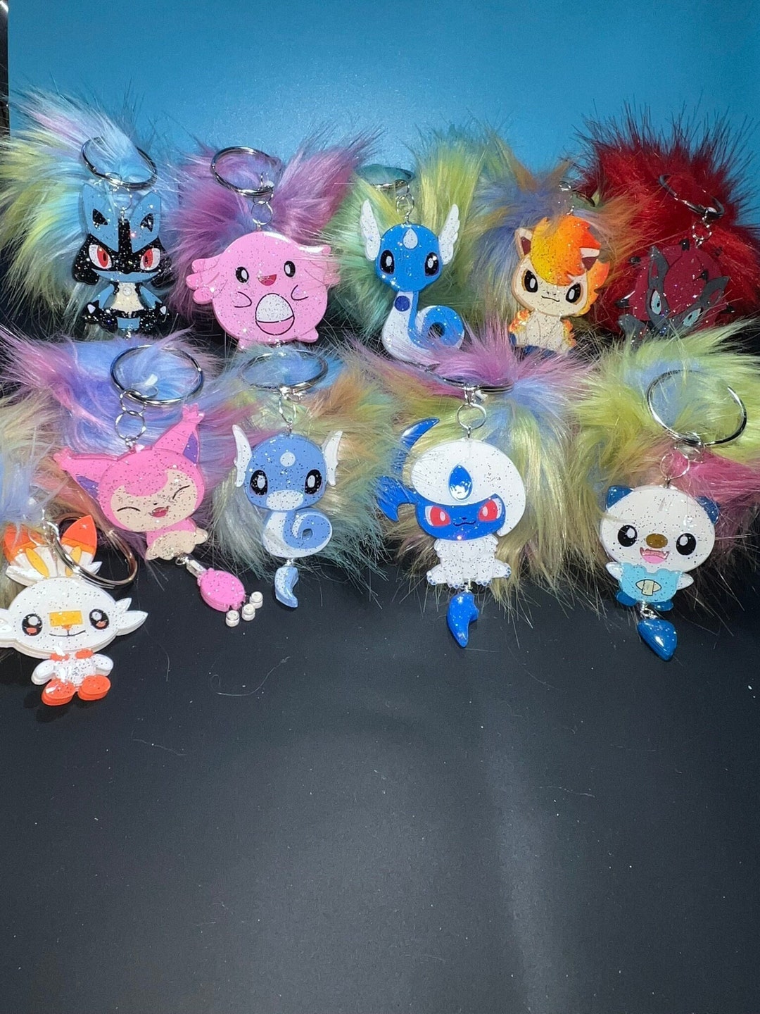 Anime Poke Keychains Pom Pom Phone Charm Scorbunny Oshawott Skitty ...
