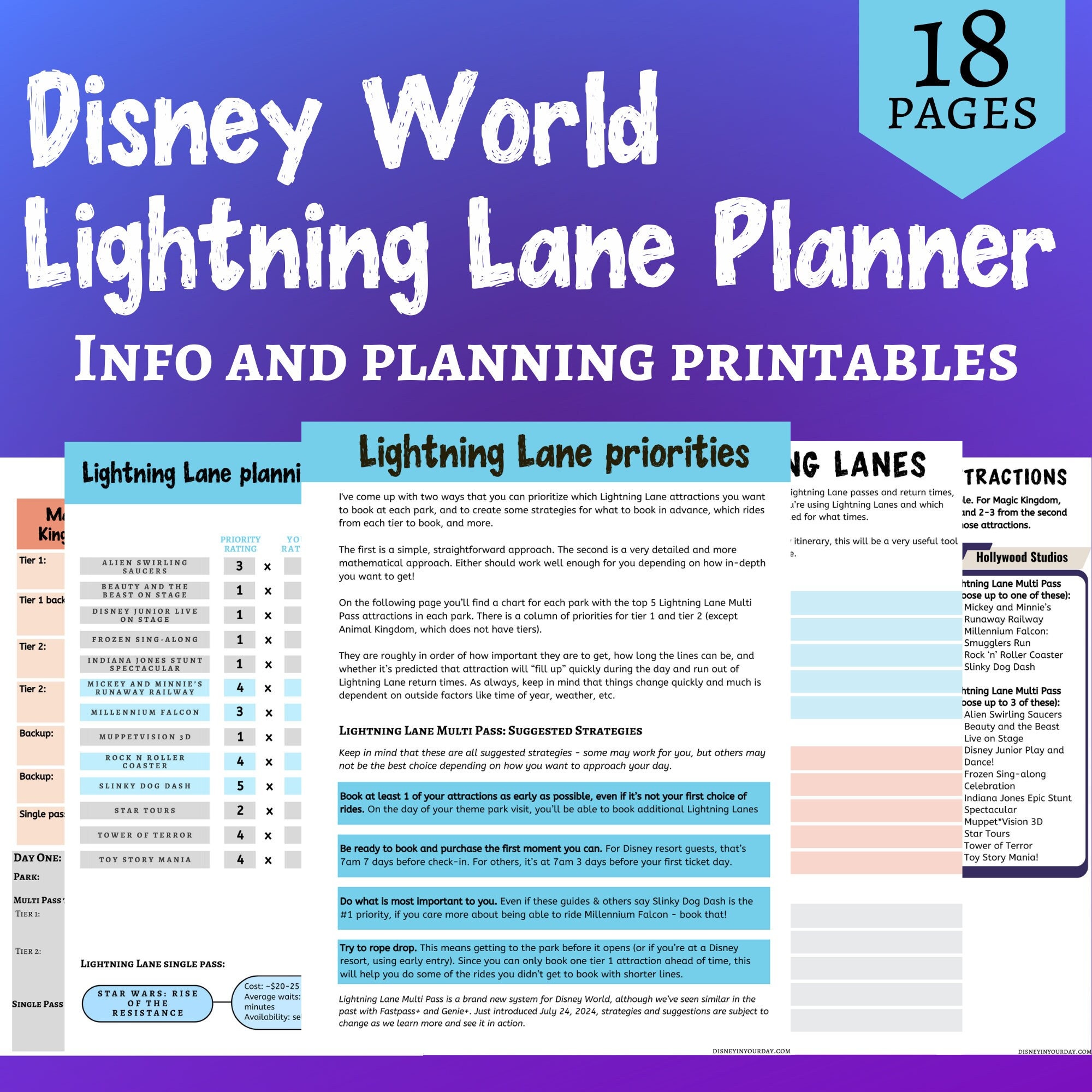 WDW Lightning Lanes Planner New Multi Pass Printables Updated July 2025 ...