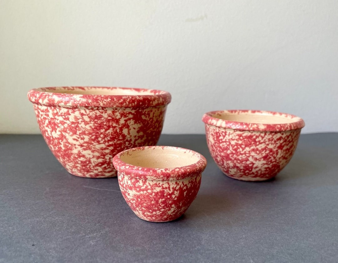 Vintage Miniature 3-piece Red Spongeware Pottery Nesting Bowl Set - Etsy