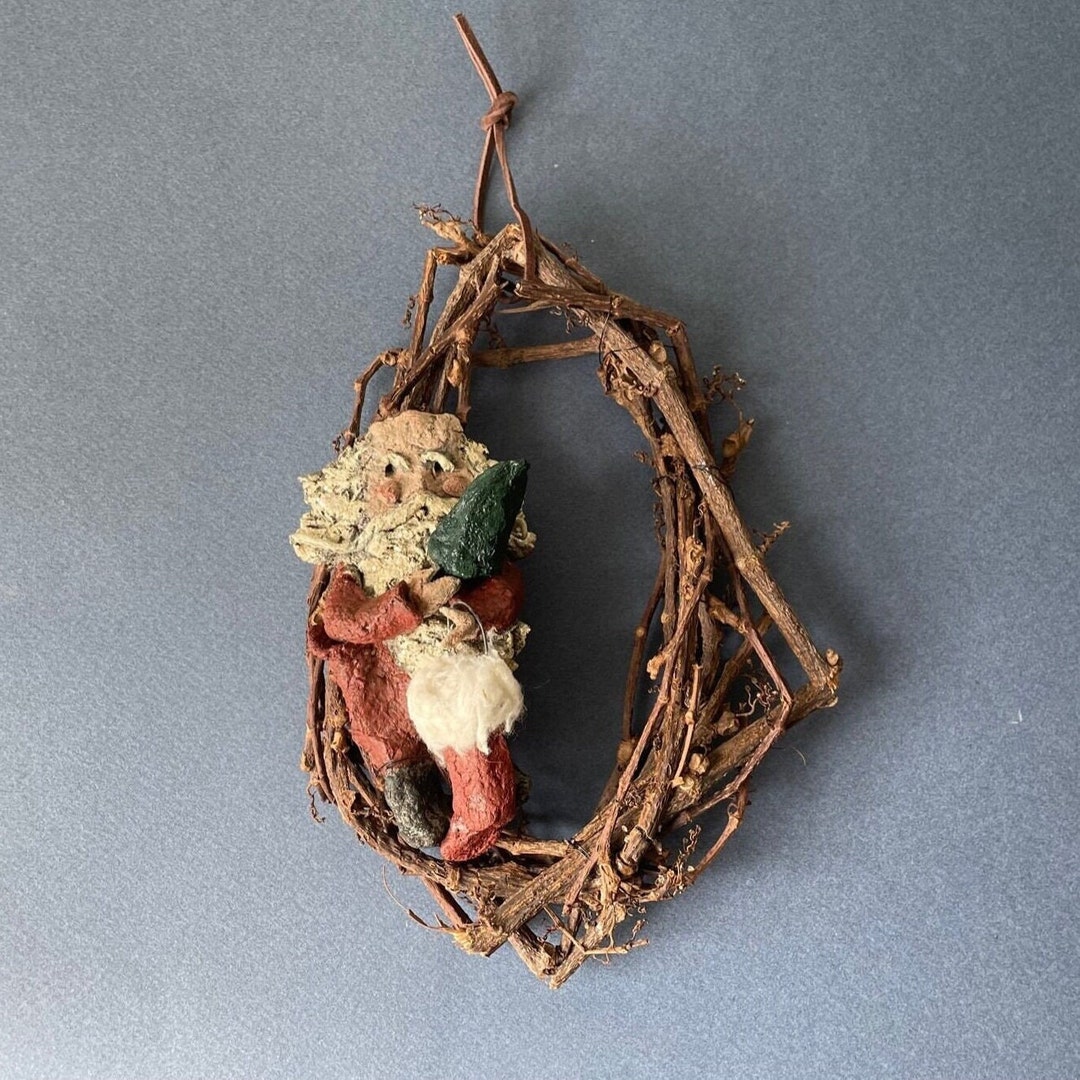 Paper Mache Santa Holding Tree and Stocking on Vine Wreath by ...