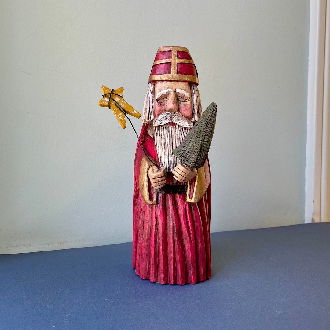 Vintage Hand Carved Saint Nicholas Santa With Star and Tree - Etsy