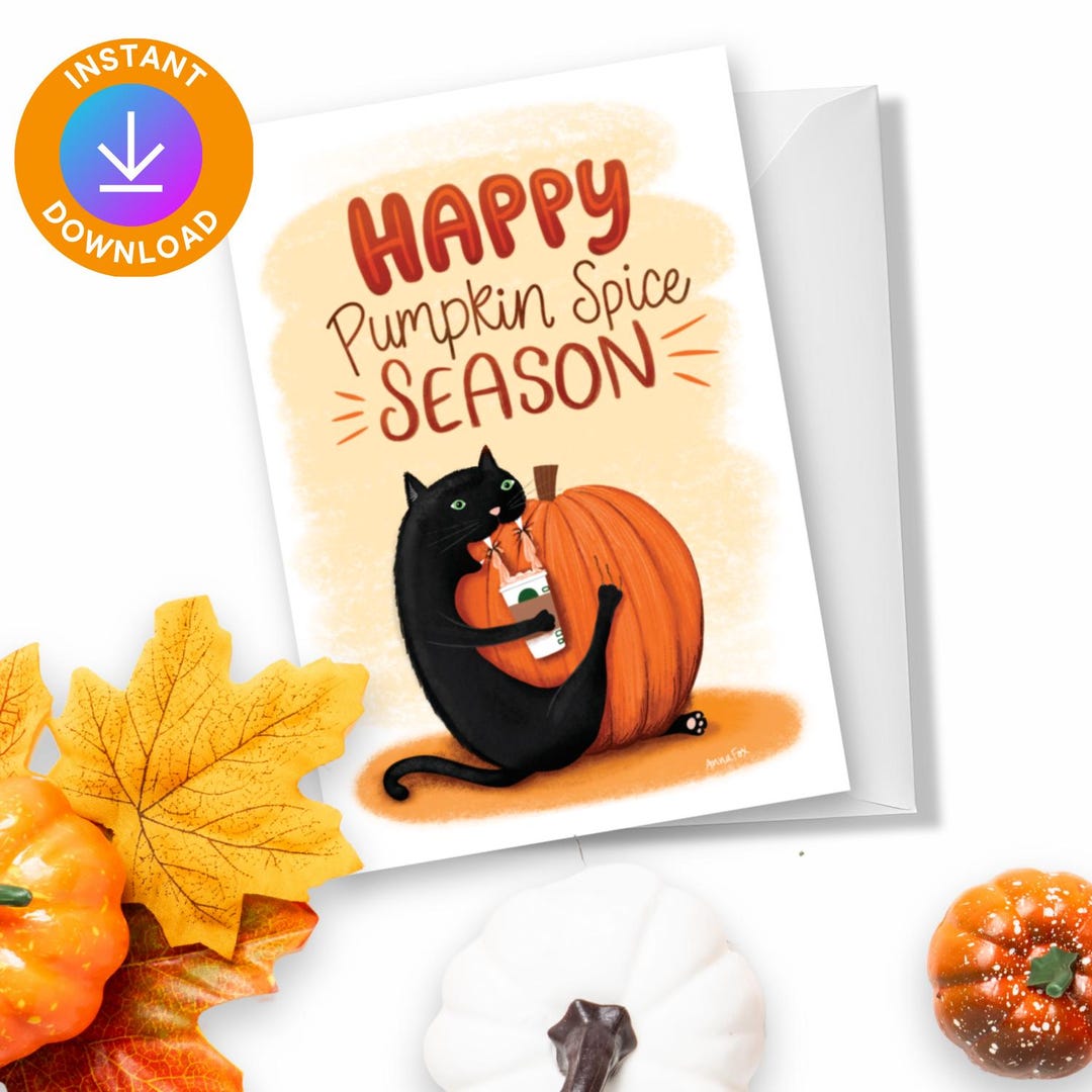 Printable Fall Card: Pumpkin Spice - Black Cat - Instant Digital ...