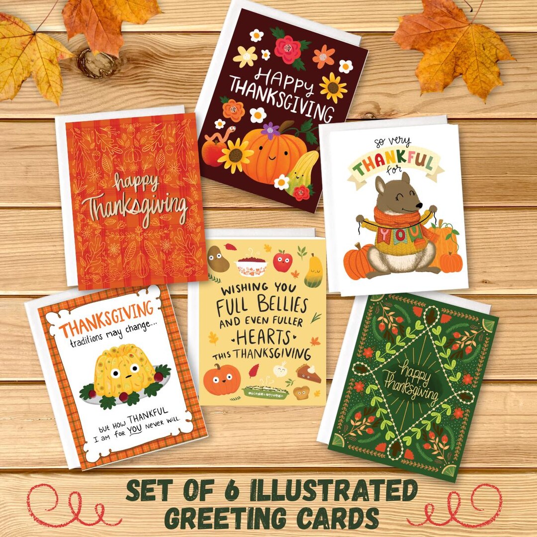 Thanksgiving Cards Set of 6, Fall Lllustrated Note Cards With Cozy ...