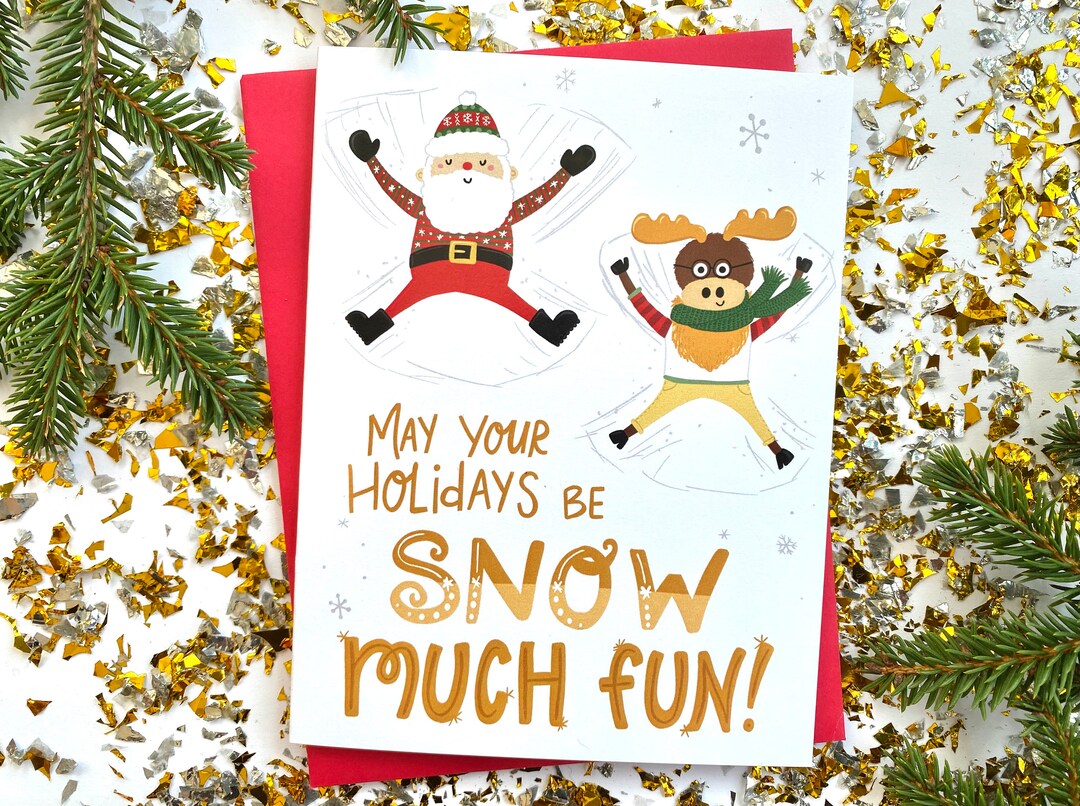 Santa and Moose Christmas Card, Snow Angel Christmas Card, Pun ...