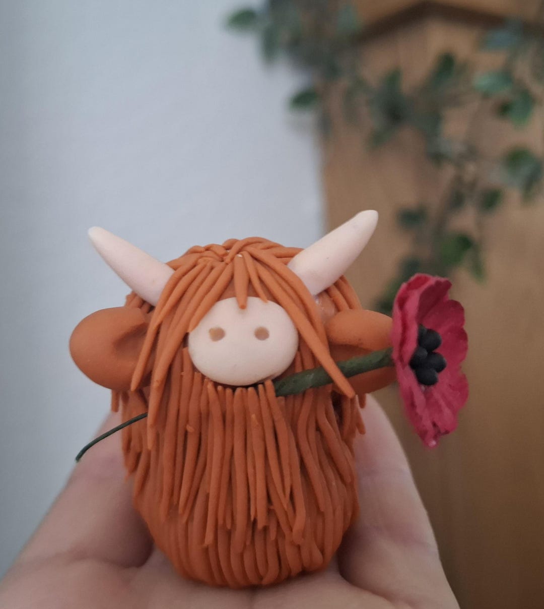 Highland Cow & Poppy Ornament | Handmade Polymer Clay Figurine ...
