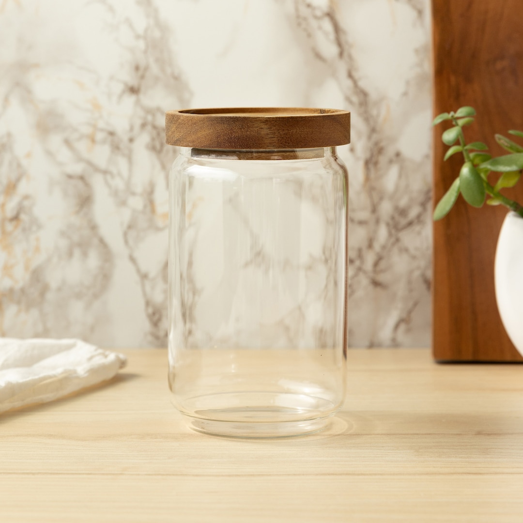 Medium Glass Canister With Acacia Wood Lid holds 700ml Pantry Storage ...