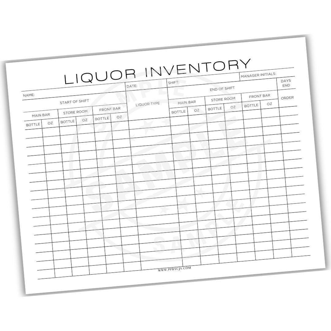Bar Liquor Inventory Printable Template | Instant Digital Download ...