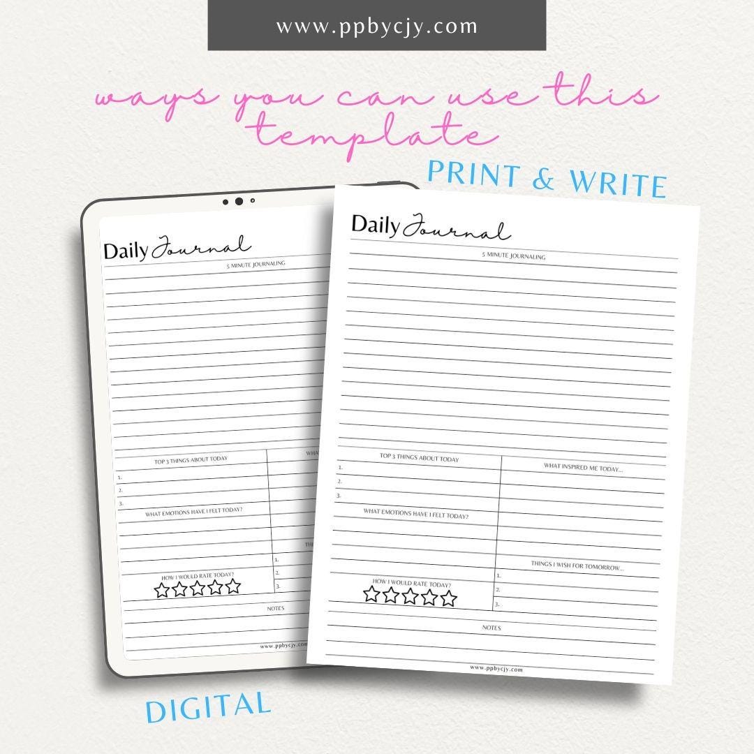 Daily Journal Page Printable Template | Instant Digital Download ...