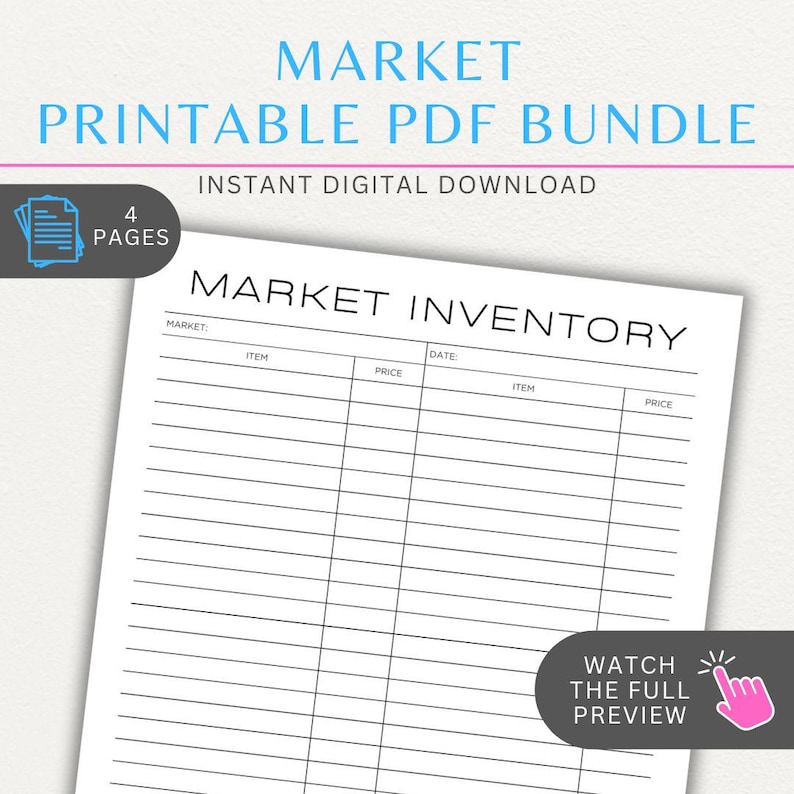 Market Inventory Printable Template | Instant Digital Download ...