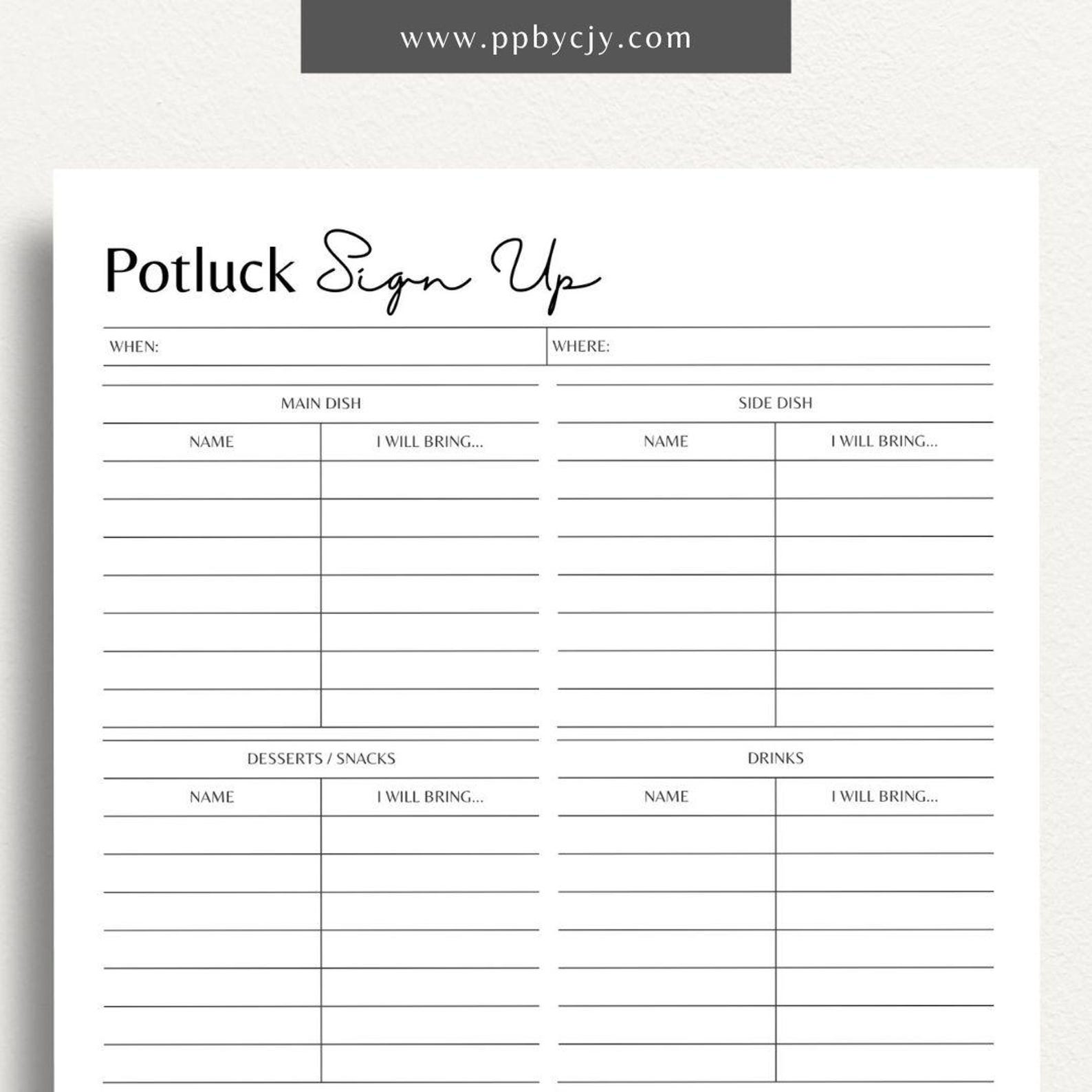 Potluck Volunteer Sign up Sheet | Community Event Food Dish Planner ...