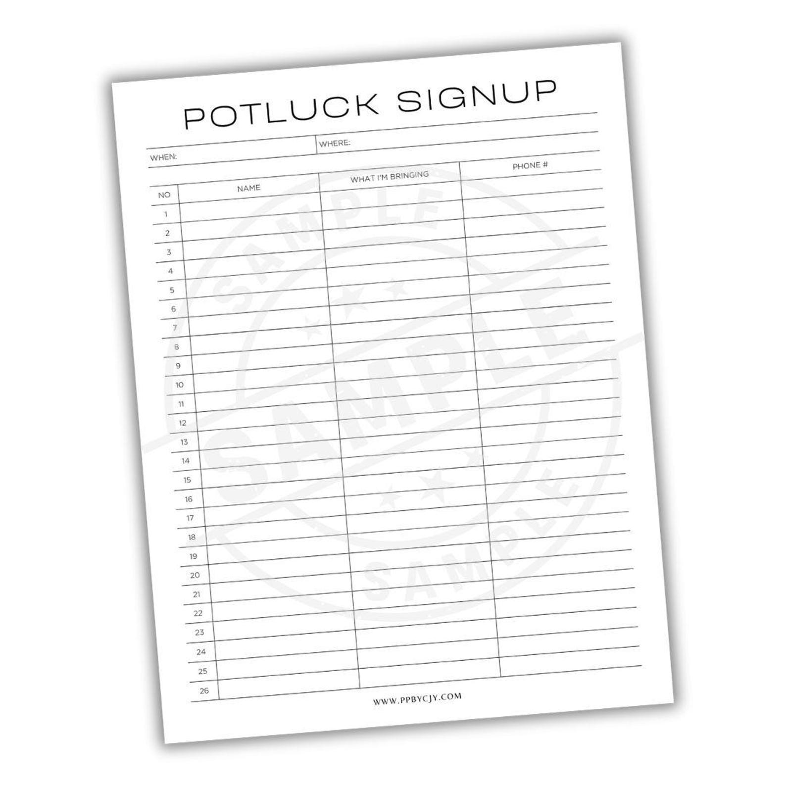 Potluck Volunteer Sign up Sheet | Community Event Food Dish Planner ...