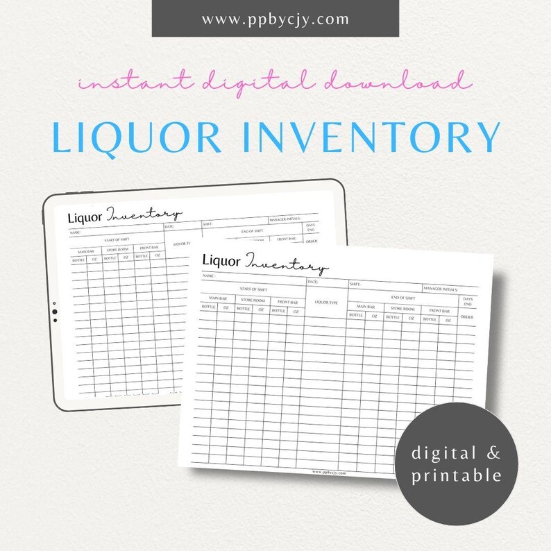 Bar Liquor Inventory Printable Template | Instant Digital Download ...